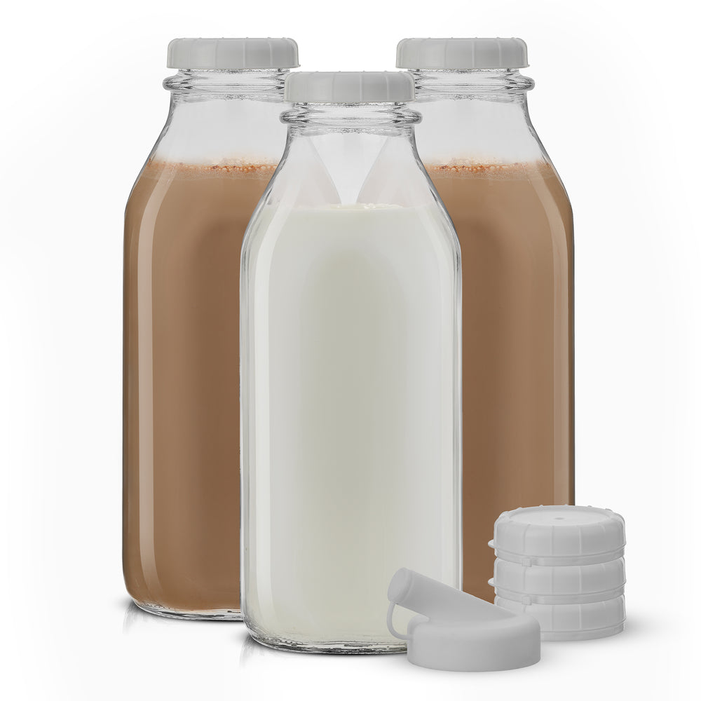 JoyJolt Reusable Glass Milk Bottle Set with Lid & Pourer