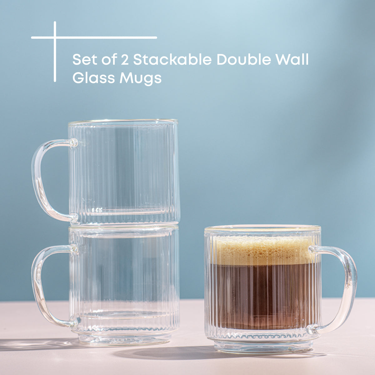 Haven Fluted Stackable Double Wall Glass Mugs | JoyJolt