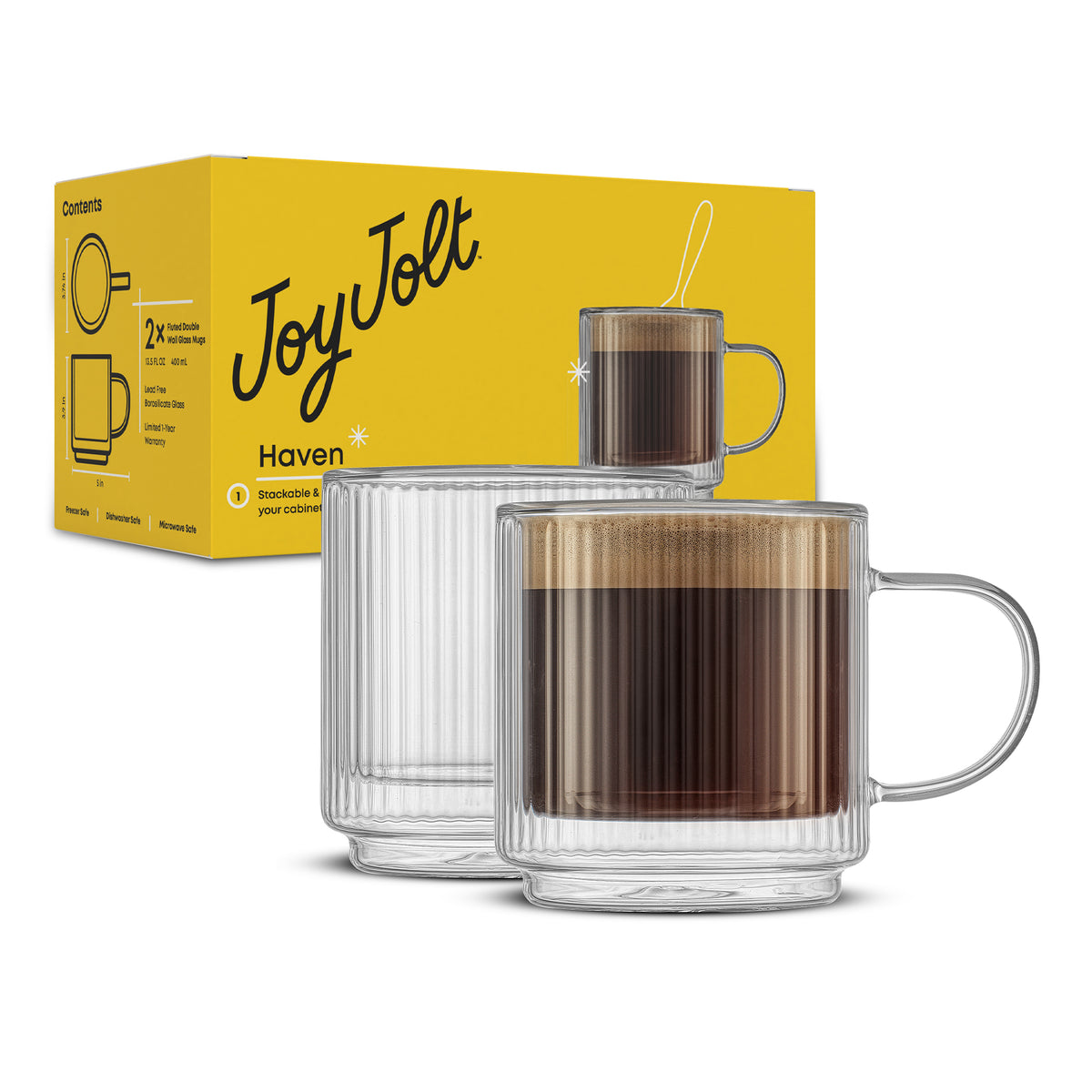 Haven Fluted Stackable Double Wall Glass Mugs | JoyJolt